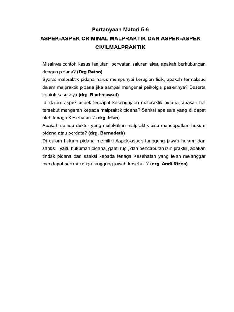 Pertanyaan Materi 5-6 ASPEK-ASPEK CRIMINAL MALPRAKTIK DAN ASPEK-ASPEK CIVILMALPRAKTIK ...