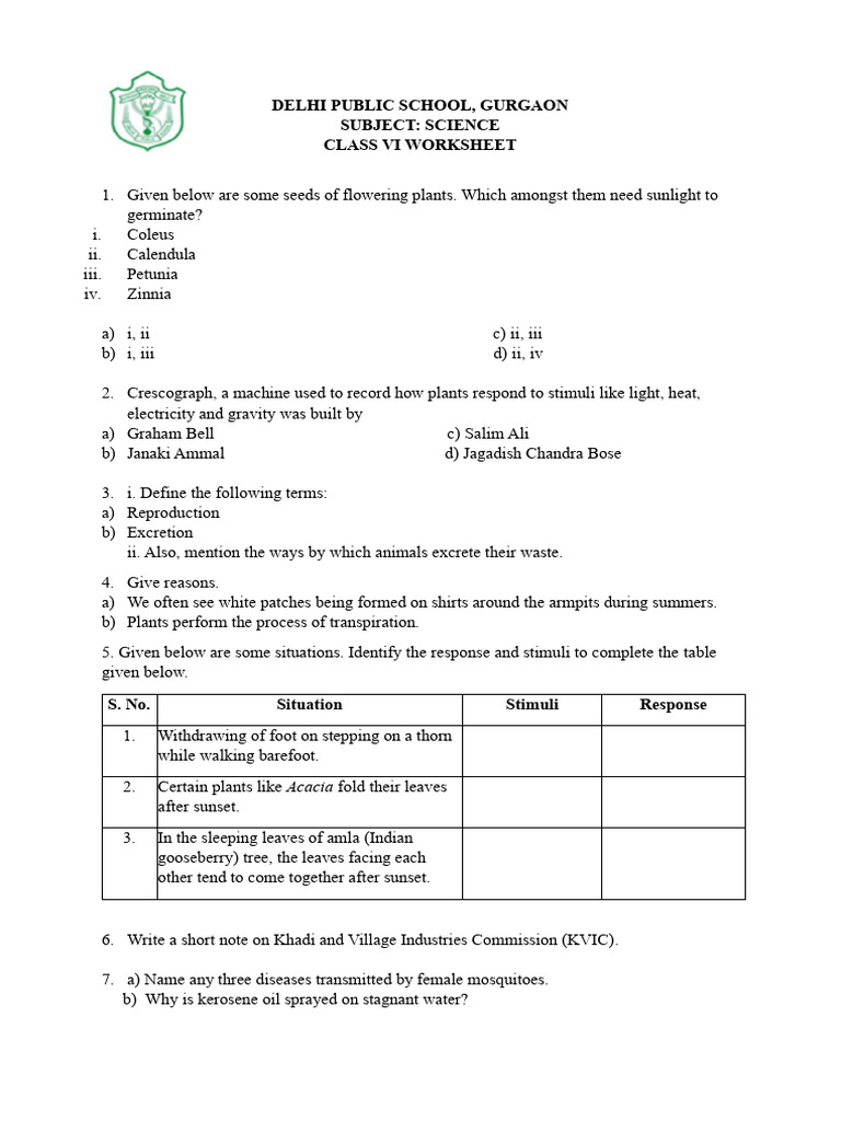 Class VI SCIENCE WORKSHEET | PDF | Thermometer | Organisms