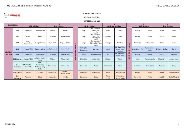 (Timetable 24-25) Saturday Timetable g9 To 12 - Need Based-21.09.24 | PDF