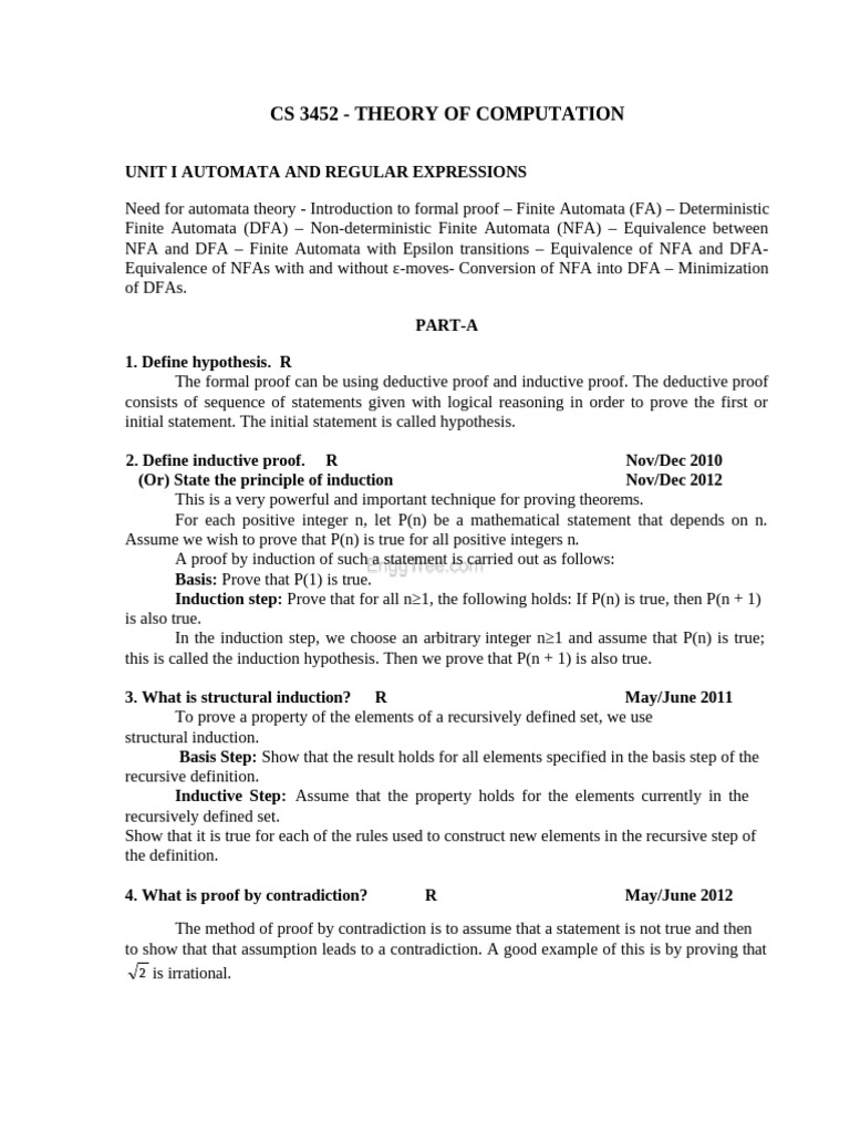 CS3452 Theory of Computation Two Mark Questions 1 | PDF | Mathematical Logic | Theoretical ...