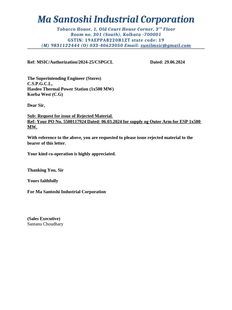 Authorisation Letter For Rejected Material | PDF | Technology & Engineering