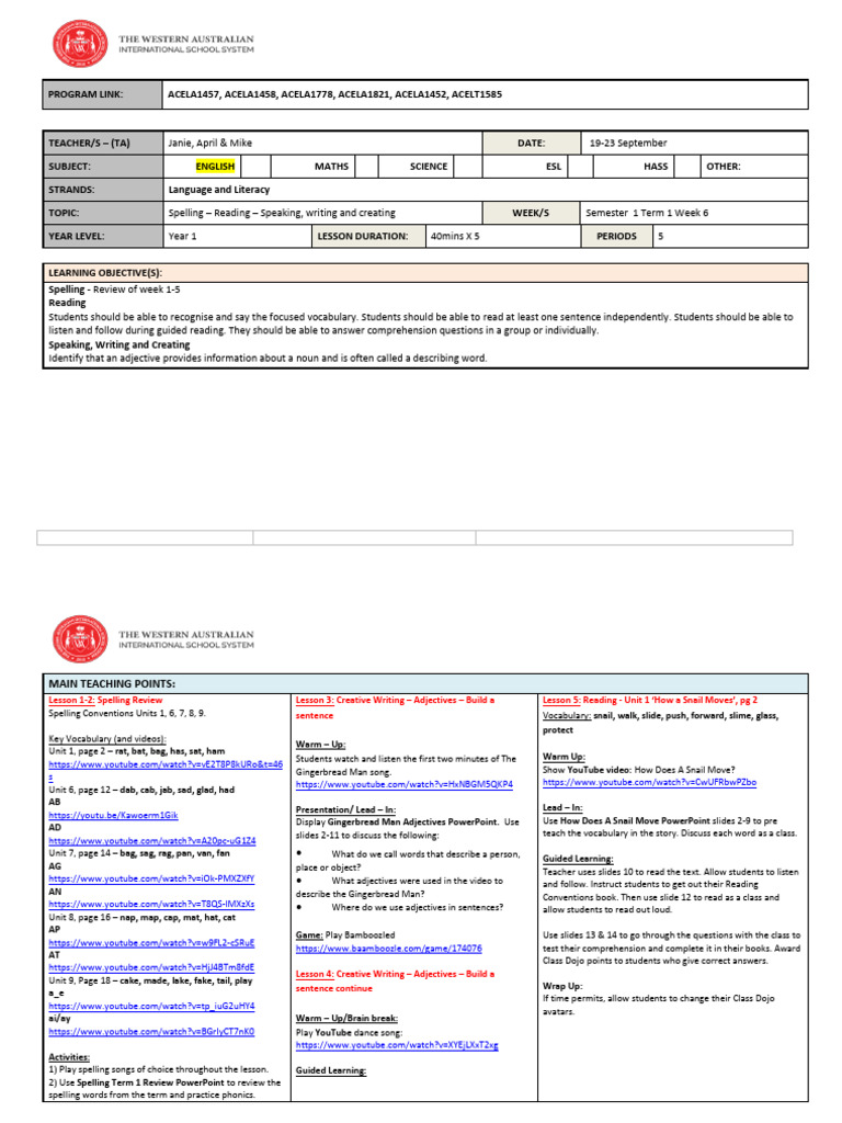 Year 1 English Lesson Plan Template | PDF | Lesson Plan | Reading ...