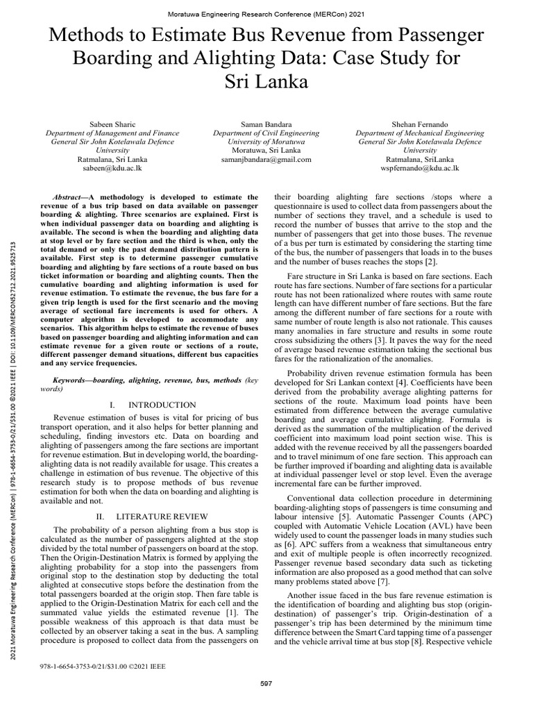 Methods To Estimate Bus Revenue From Passenger Boarding and Alighting ...