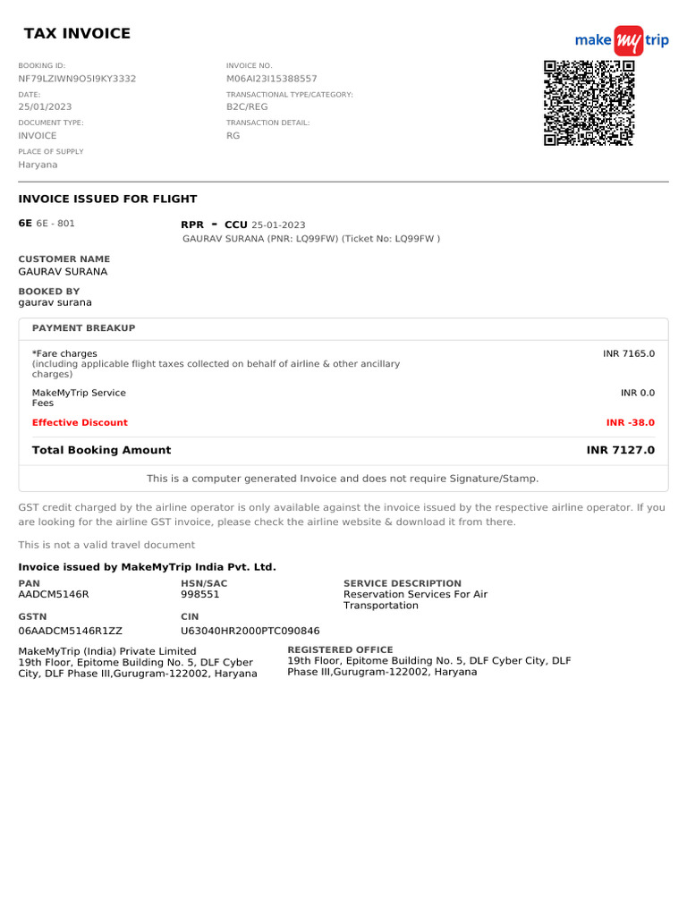 MakeMyTrip Flight Invoice for Gaurav Surana | PDF
