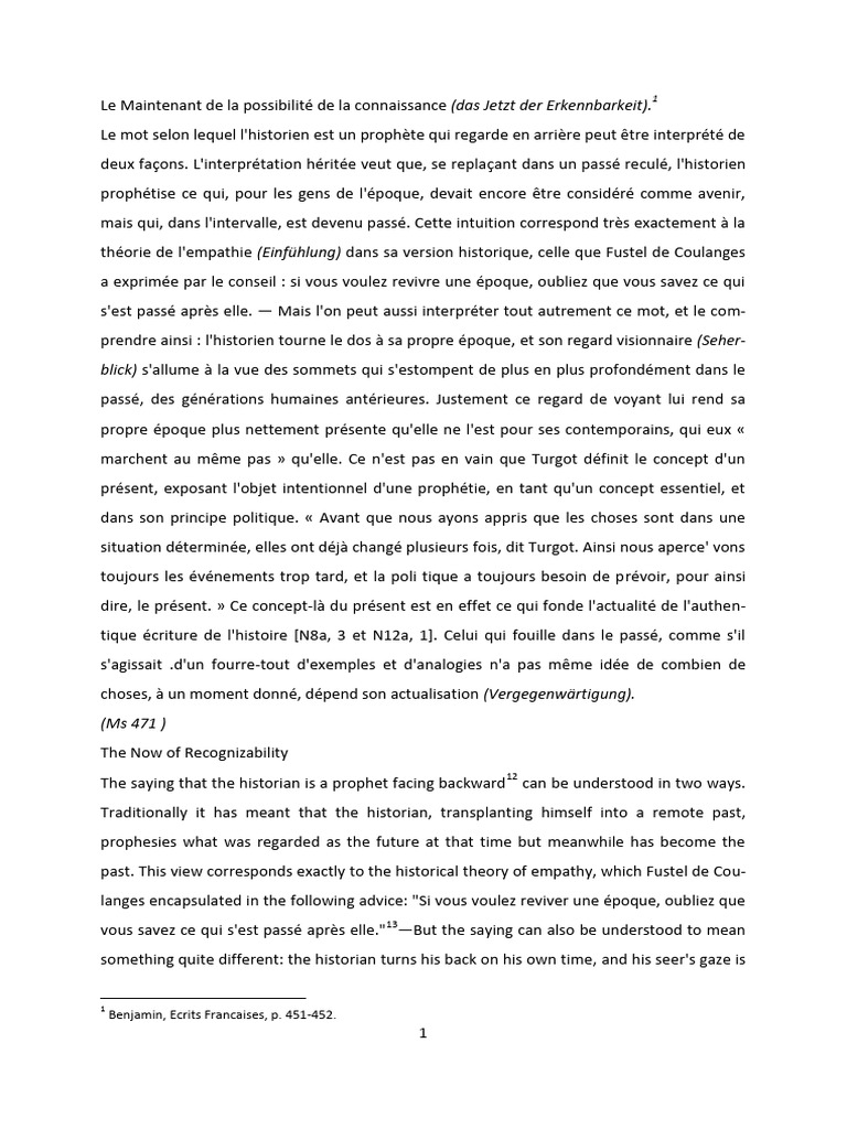 BENJAMIN Walter. Le Maintenant de La Possibilité de La Connaissance | PDF | Religion & Spirituality