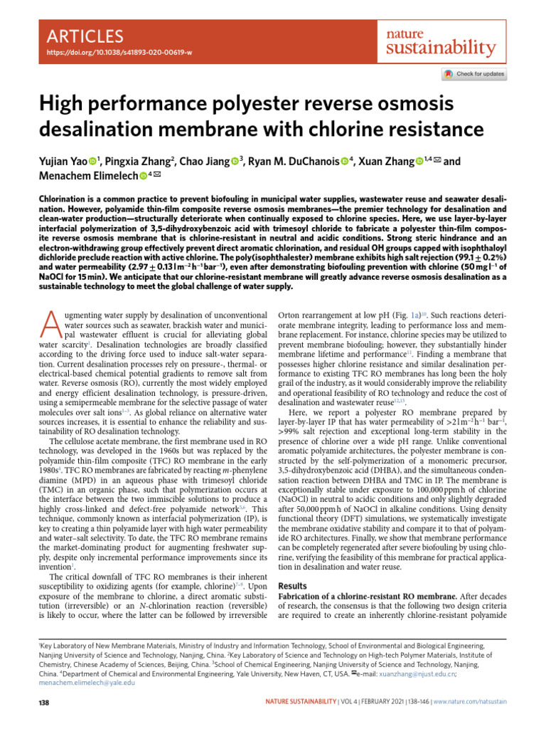High Performance Polyester Reverse Osmosis Desalination Membrane With ...