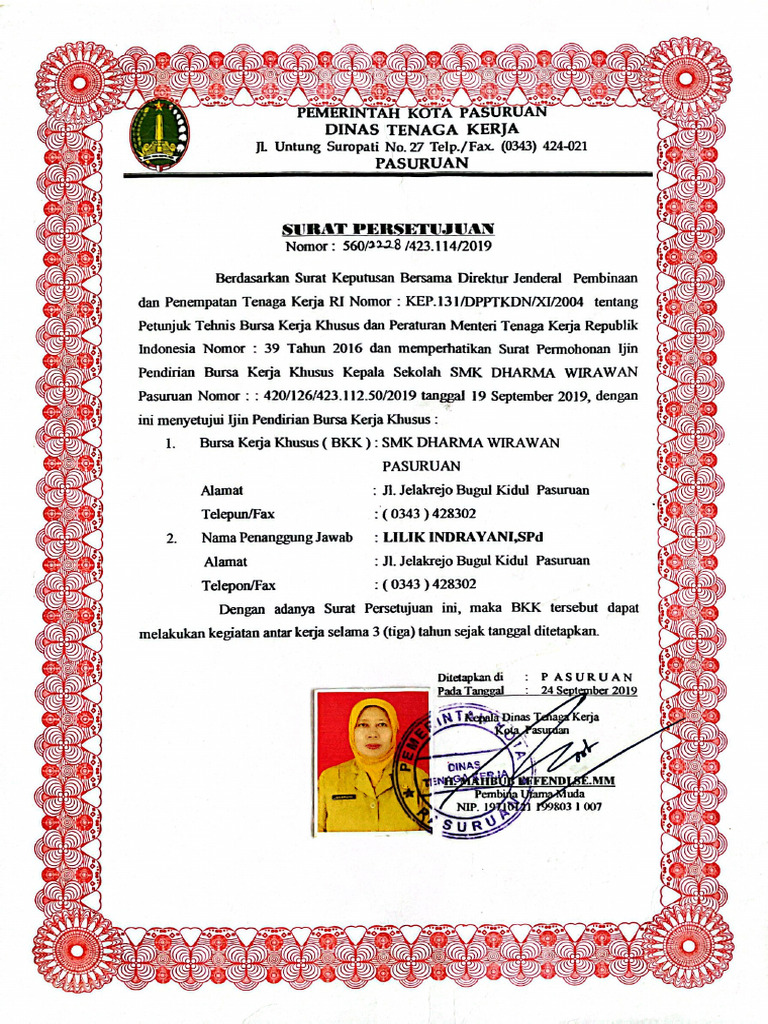 Surat Persetujuan BKK SMK DW | PDF