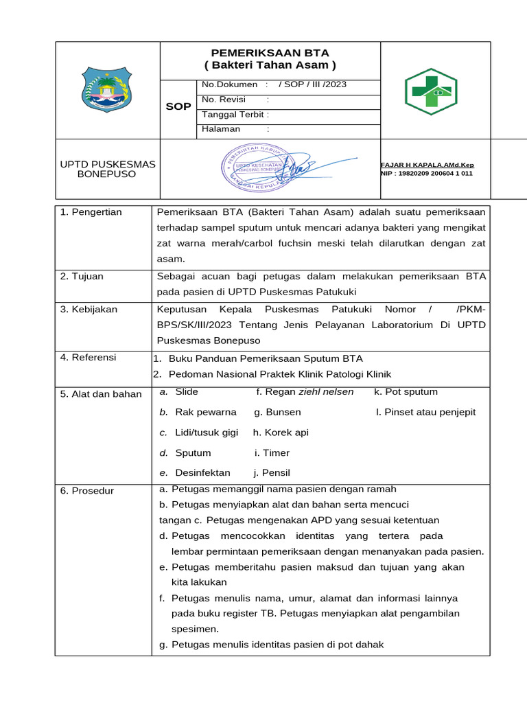 Prosedur Pemeriksaan BTA Sputum | PDF