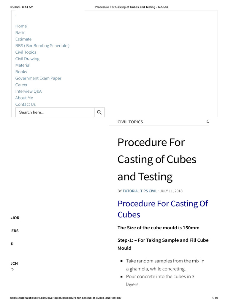 Procedure For Casting of Cubes and Testing - QA - QC | PDF | Volume ...