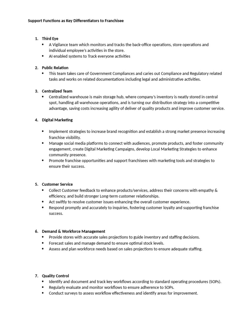 Support Functions AS Key Differentiator For Franchise | PDF | Franchising | Marketing Strategy