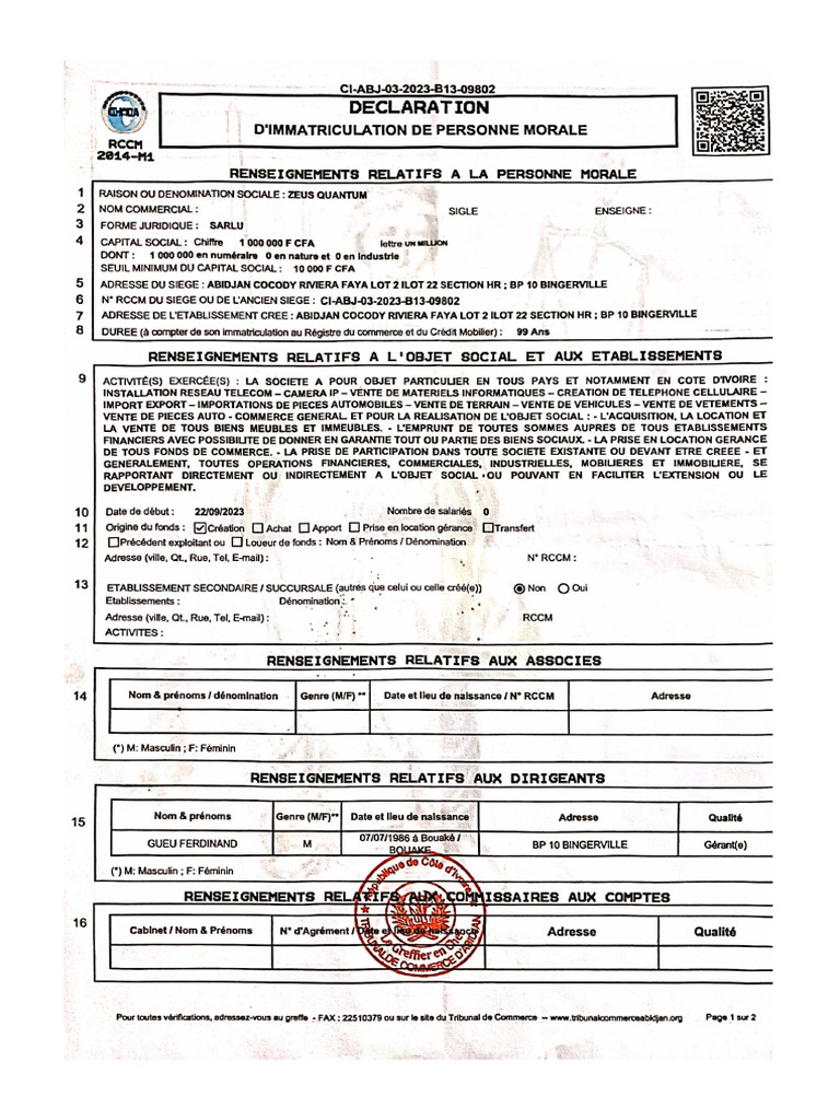 RCCM de Gueu Ferdinand | PDF