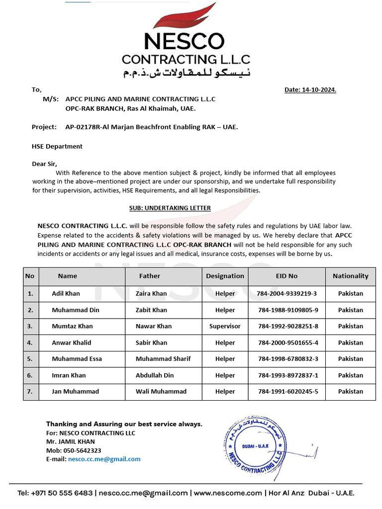 NESCO CONTRACTING Undertaking-5 | PDF