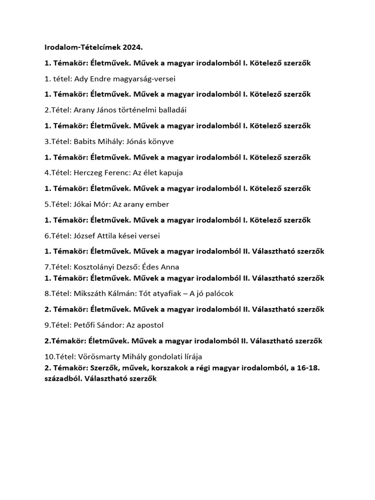 12.b Erettsegi Cimek Irodalom | PDF