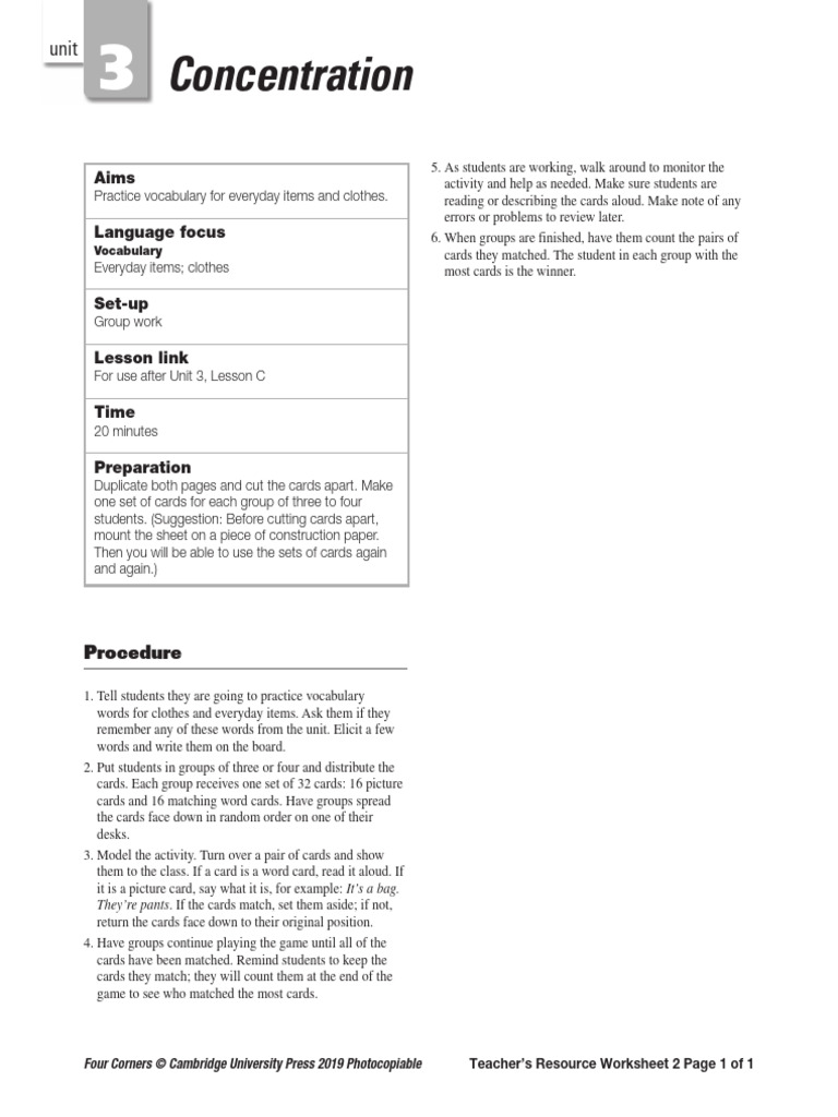 Four Corners Level 1 Unit 3 Concentration Worksheet 2 | PDF