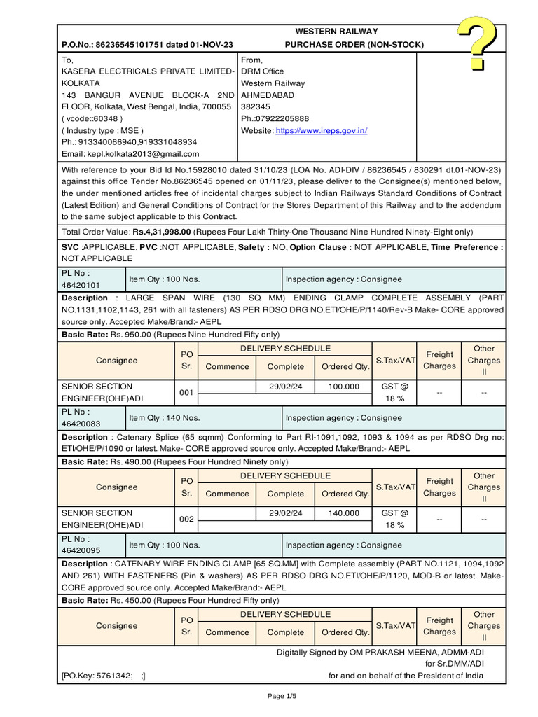 Purchase Order for Large Span Wire | PDF | Value Added Tax | Rail Transport