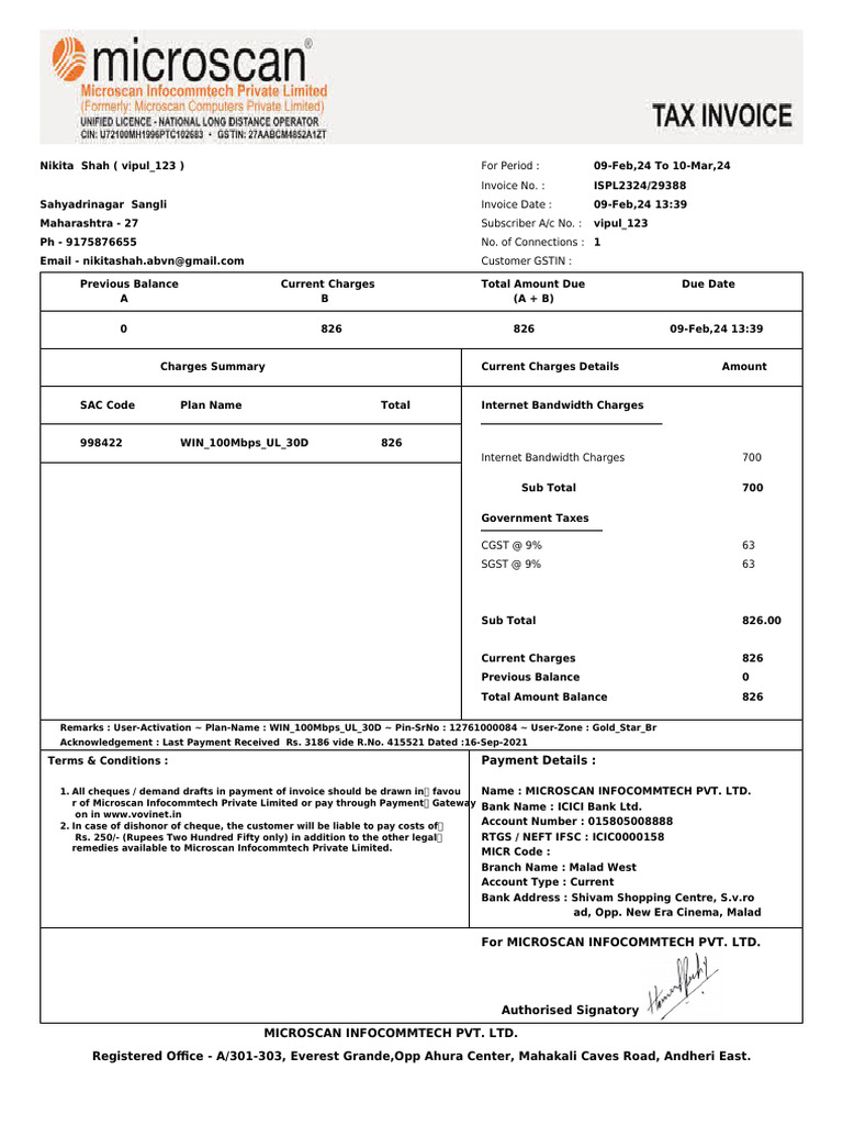 Internet Invoice for WIN_100Mbps Plan | PDF | Cheque | Money