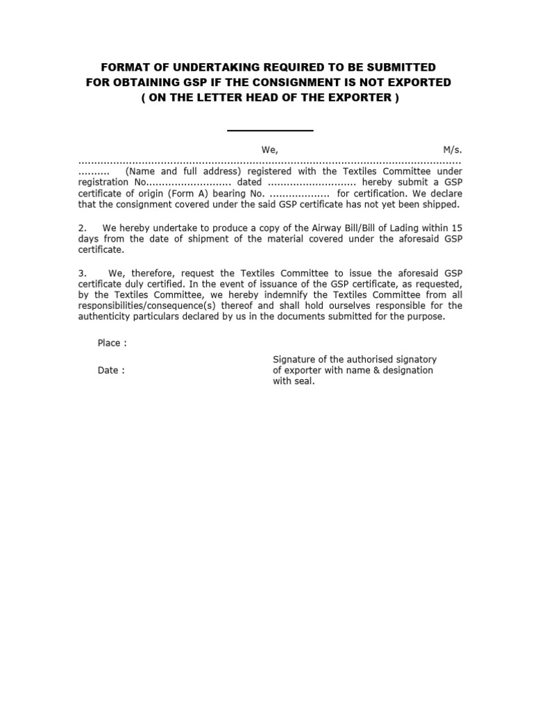 Undertaking Format For GSP Pre Ship | PDF