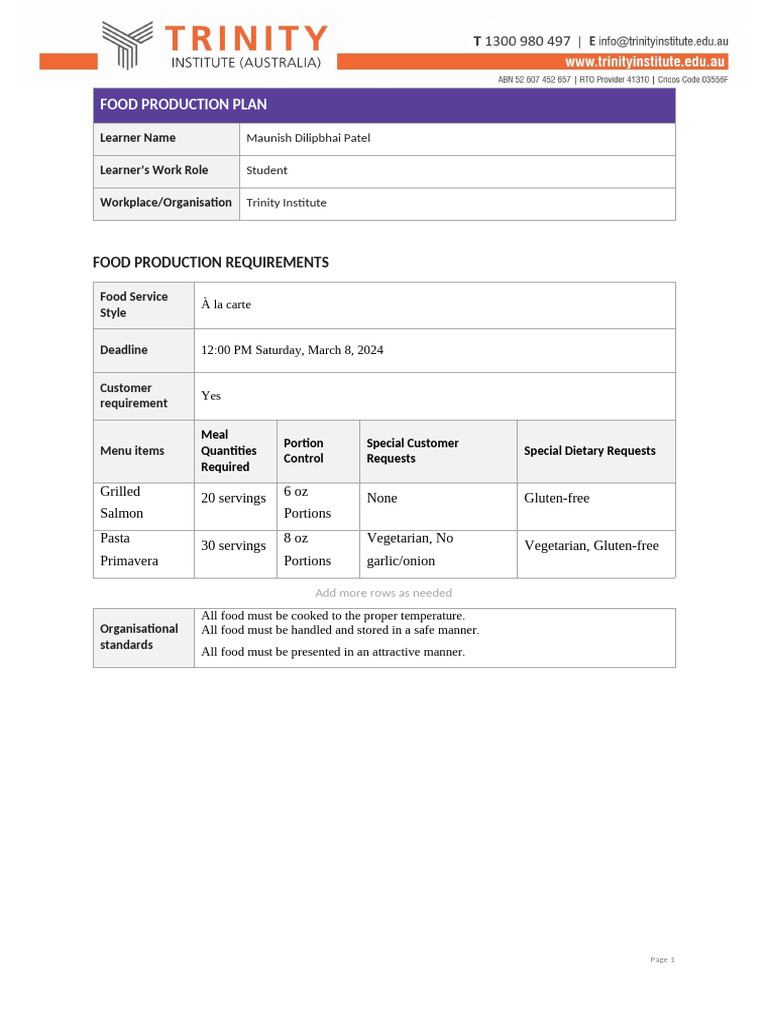 SITHKOP013 Food Production Plan Template v1.0 | PDF | Grilling | Cooking