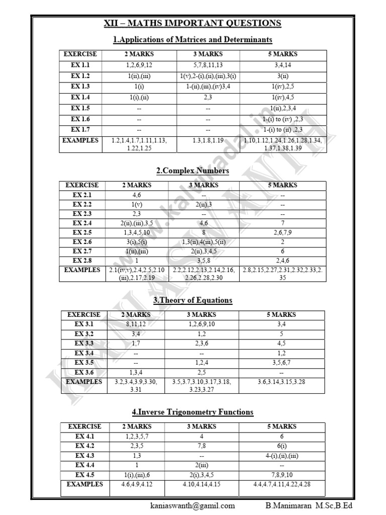 12th Maths IMPORTANT QUESTIONS | PDF