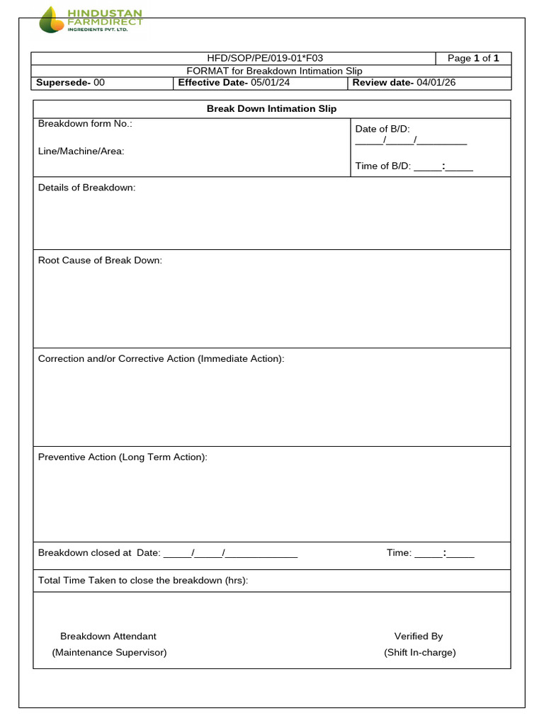 Breakdown Intimation Slip | PDF | Technology & Engineering