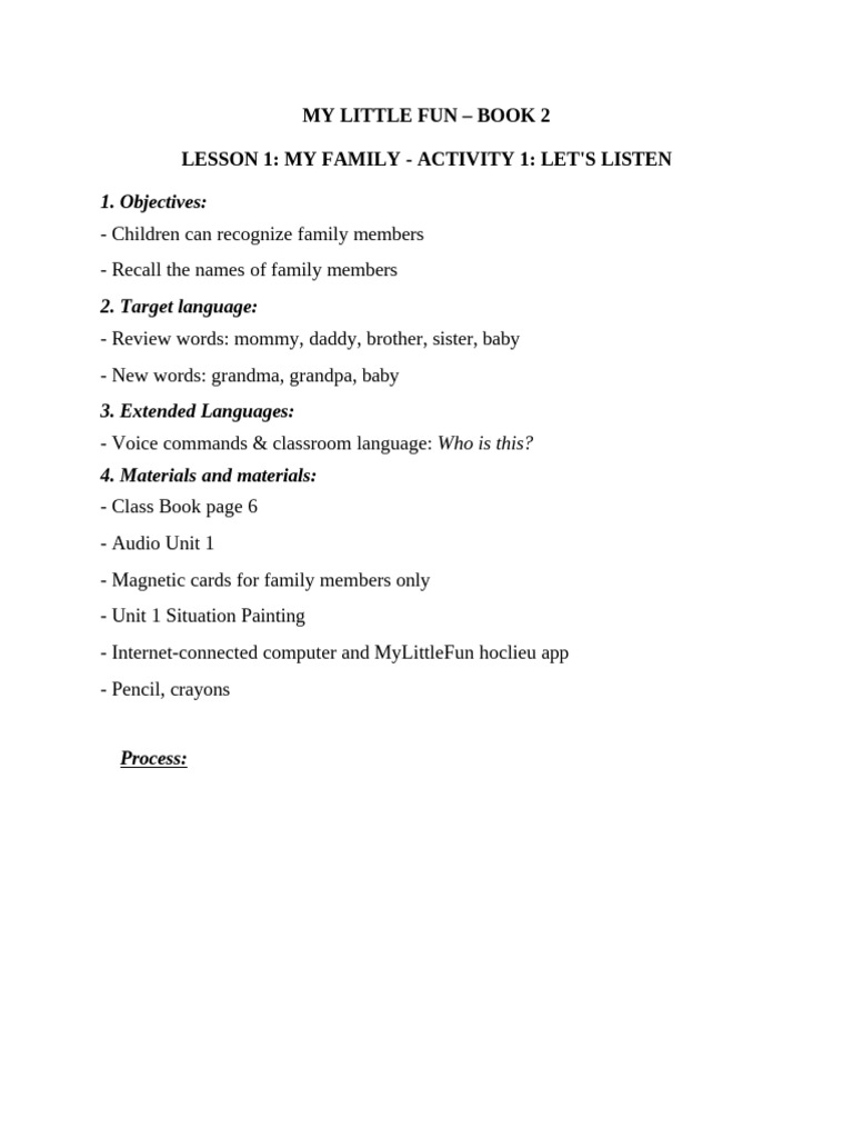 Objectives:: My Little Fun - Book 2 Lesson 1: My Family - Activity 1 ...