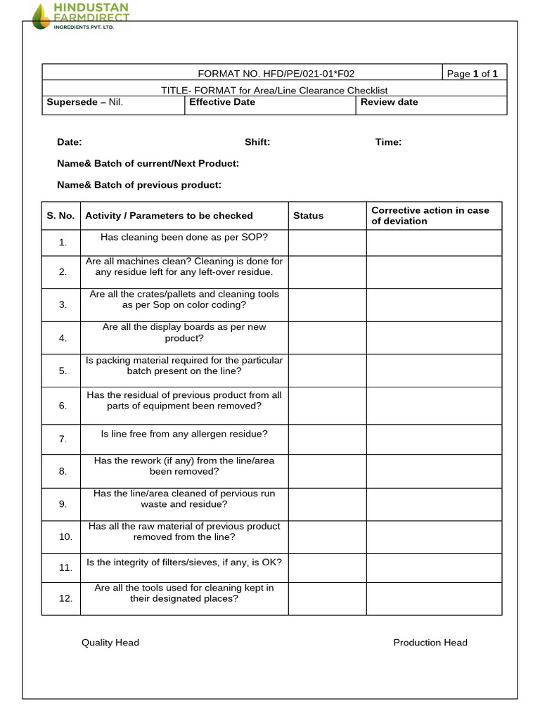 Line Clearance Checklist | PDF | Home & Garden | Computers