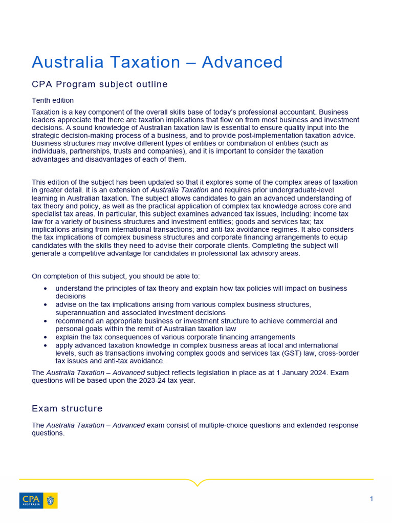 CPA Program Subject Outline Australia Taxation Advanced Tenth Edition ...