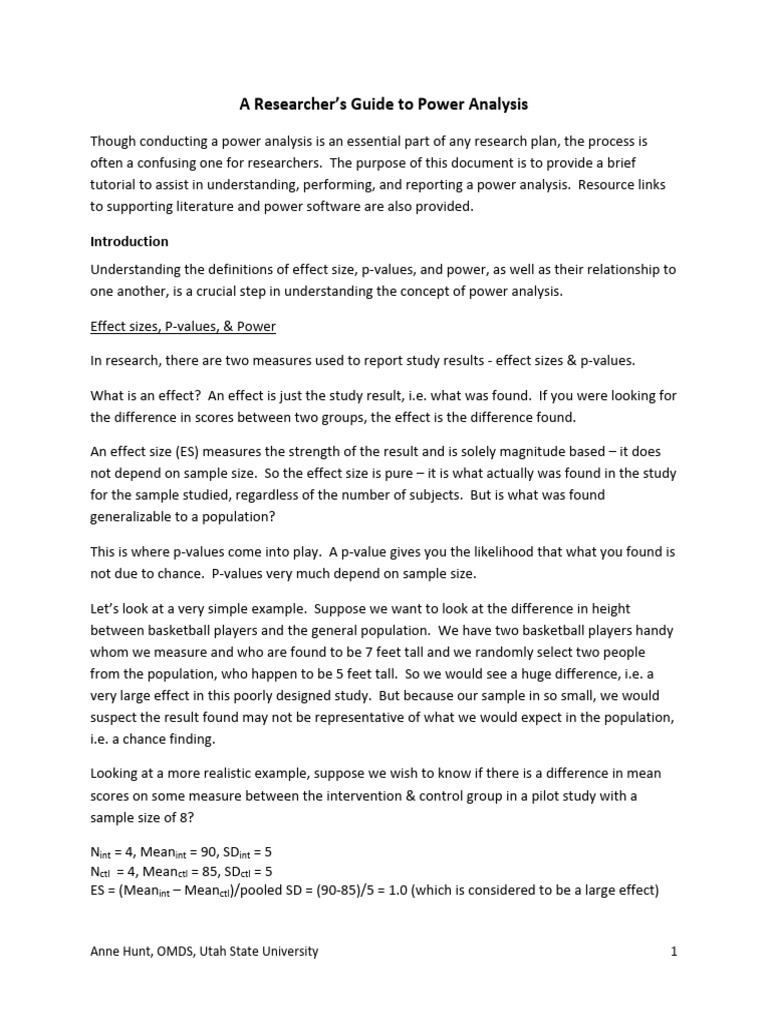 A Researchers Guide To Power Analysis USU-1 | PDF | Effect Size | Sampling (Statistics)