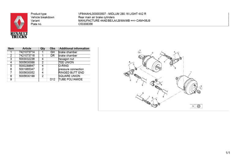 Renault Trucks, Midlum DXi, 16tonne, Brake Chambers Drawing. 08.03.16 ...