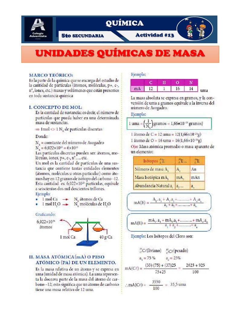 13 Unidades Químicas de Masa para Quinto Grado de Secundaria | PDF | Mole (Unidad) | Cloro