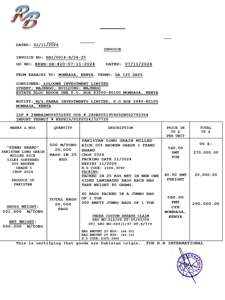 Fzami Rice Export Invoice to Kenya | PDF | Agriculture