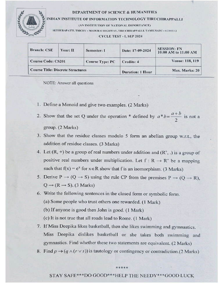 Discrete Mathematics Answerkey | PDF