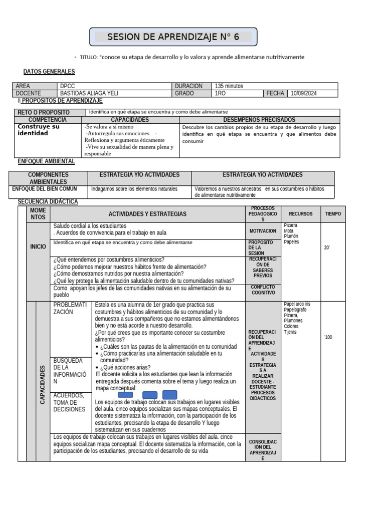 Act - DPCC 1ro Grado 2024 - n5 | PDF | Aprendizaje | Sicología
