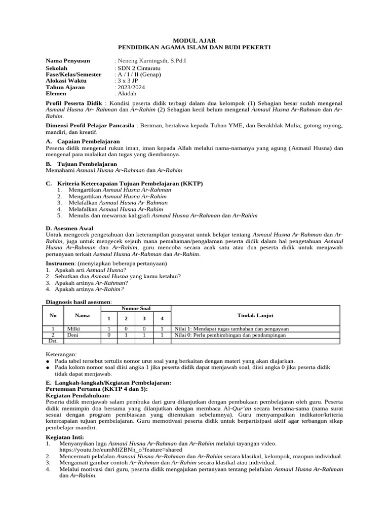 Modul Ajar 3 Kelas 1 Bu Neneng Karningsih SMSTR 2 | PDF | Seni & Disiplin Bahasa | Kajian Bahasa ...