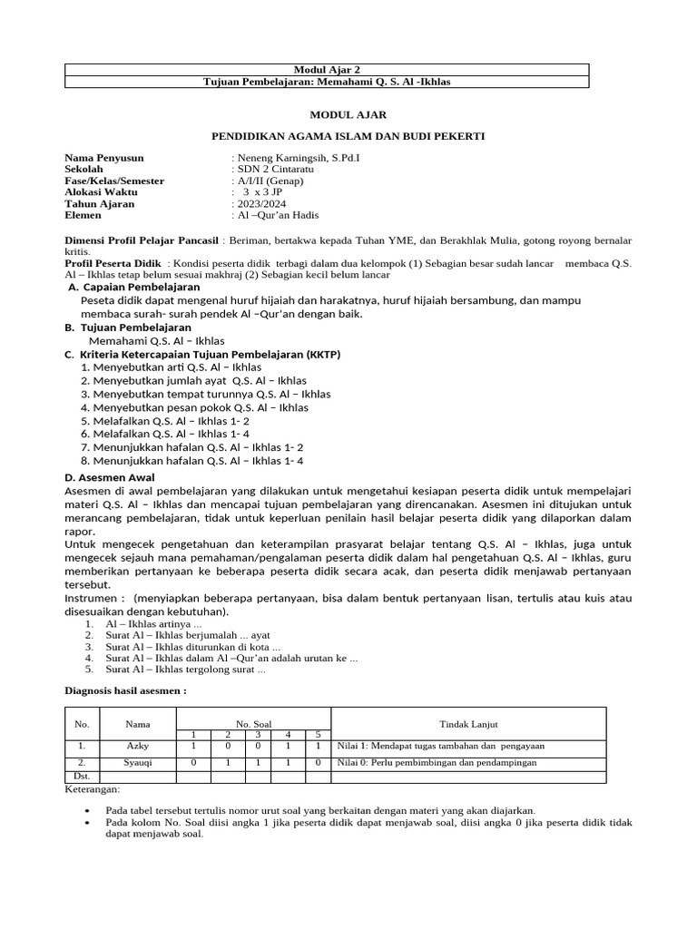 Modul Ajar 2 Kelas 1 Bu Neneng Karningsih SMSTR 2 | PDF