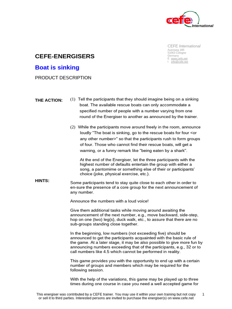 Sinking Boat Team Energizer Activity | PDF