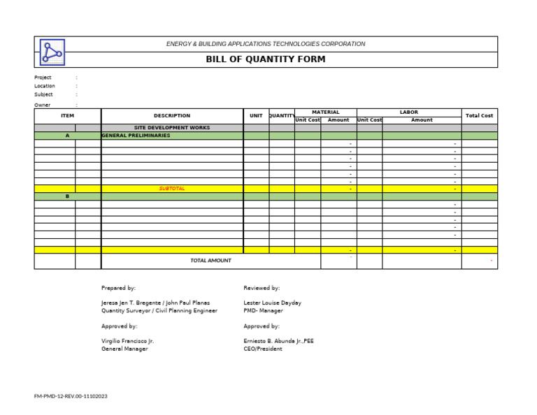 FM PMD 12 Bill of Quantity Form | PDF