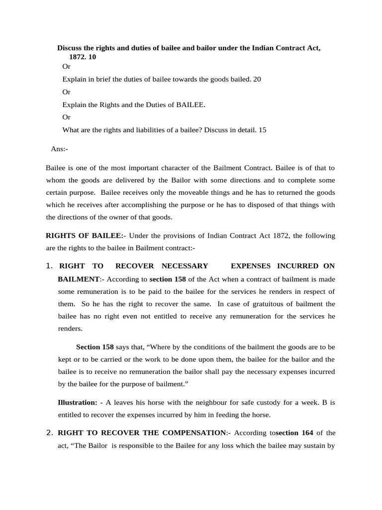 Rights and Duties of Bailee and Bailor | PDF | Damages | Civil Law ...