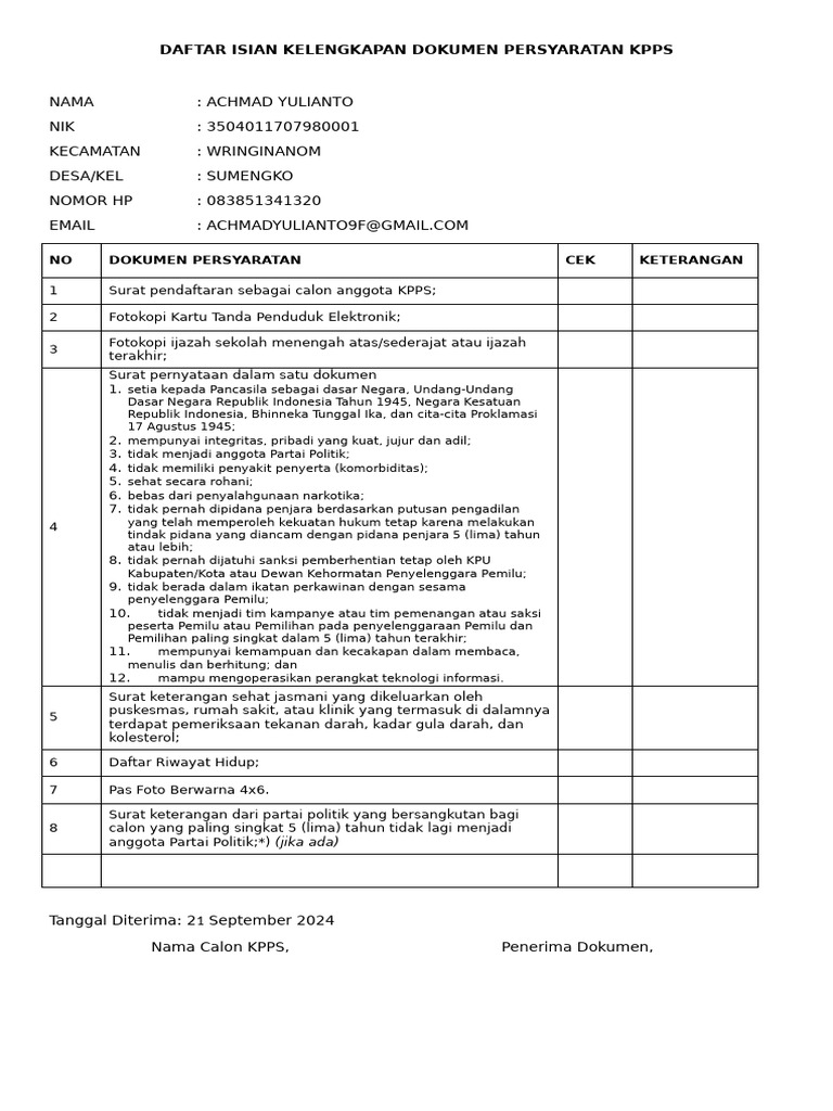 Daftar Isian Kelengkapan Dokumen | PDF