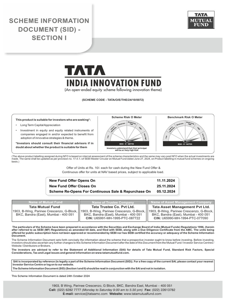 Tata India Innovation Fund - SID Dated 24 Oct 2024 | PDF | Money Market ...