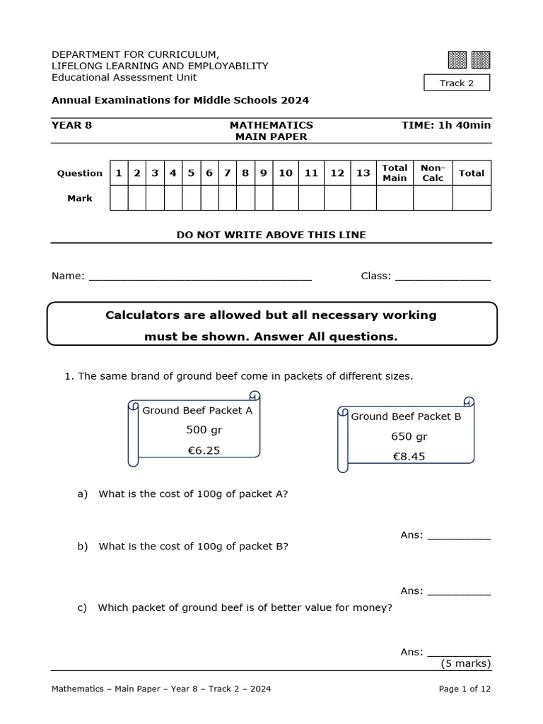 Year 8 Mathematics Exam Paper 2024 | PDF | Area | Mathematics