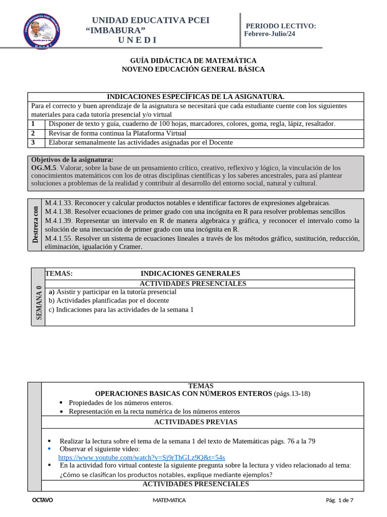 Guia Mate 9no Egb 2024-2024 | PDF | Ecuaciones | Sistema de ecuaciones lineales