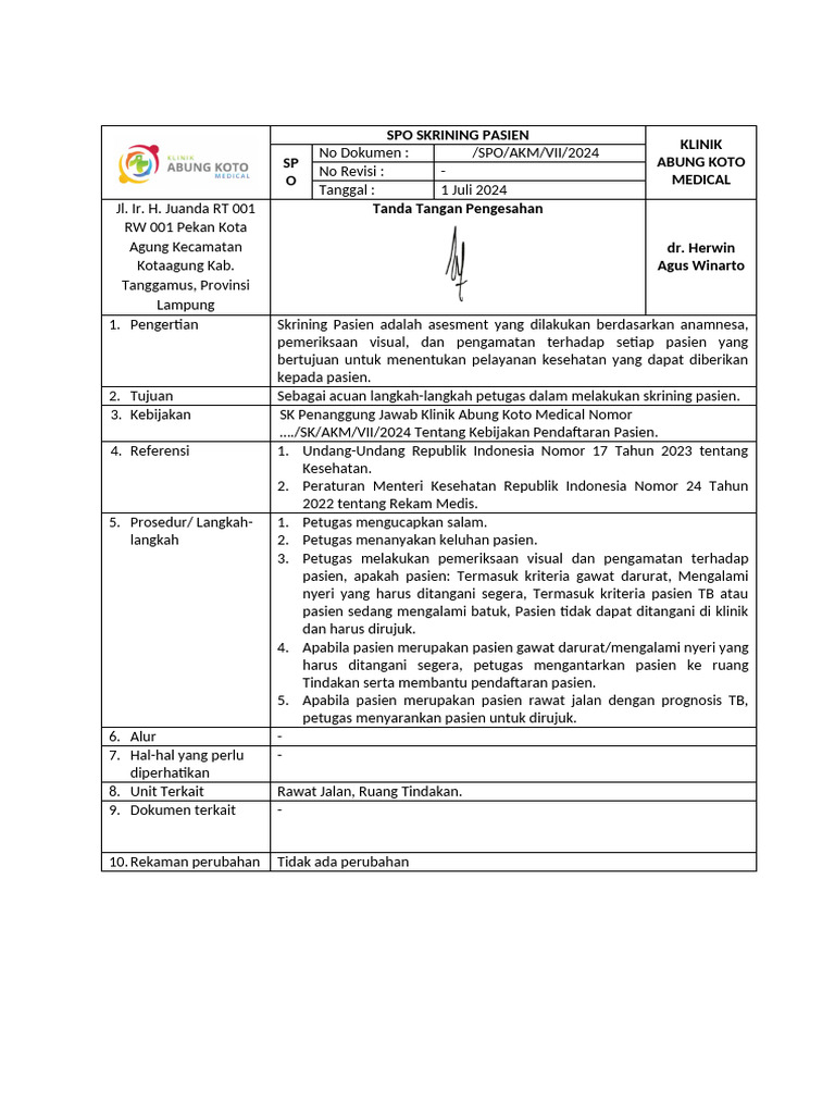 Sop Skrining Pasien | PDF | Kesehatan Holistik | Sains & Matematika