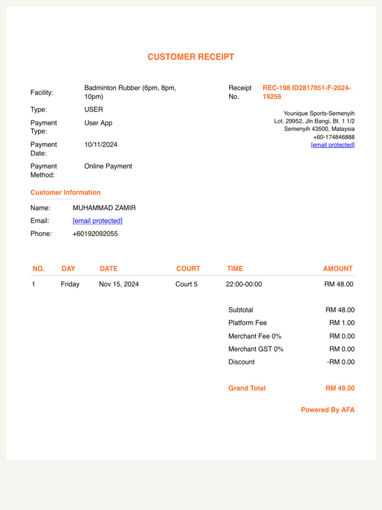 Younique Sports Badminton Court Receipt | PDF