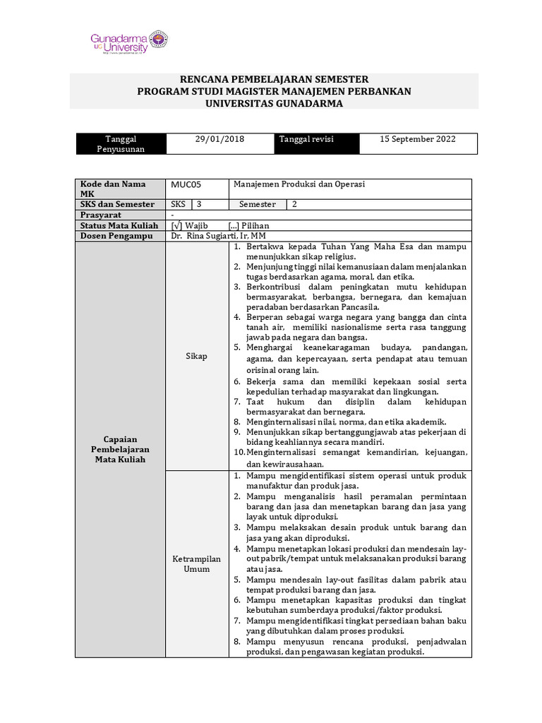 RPS Manajemen Produksi Dan Operasi-Revisi September 2022 | PDF | Karier & Perkembangan | Seni