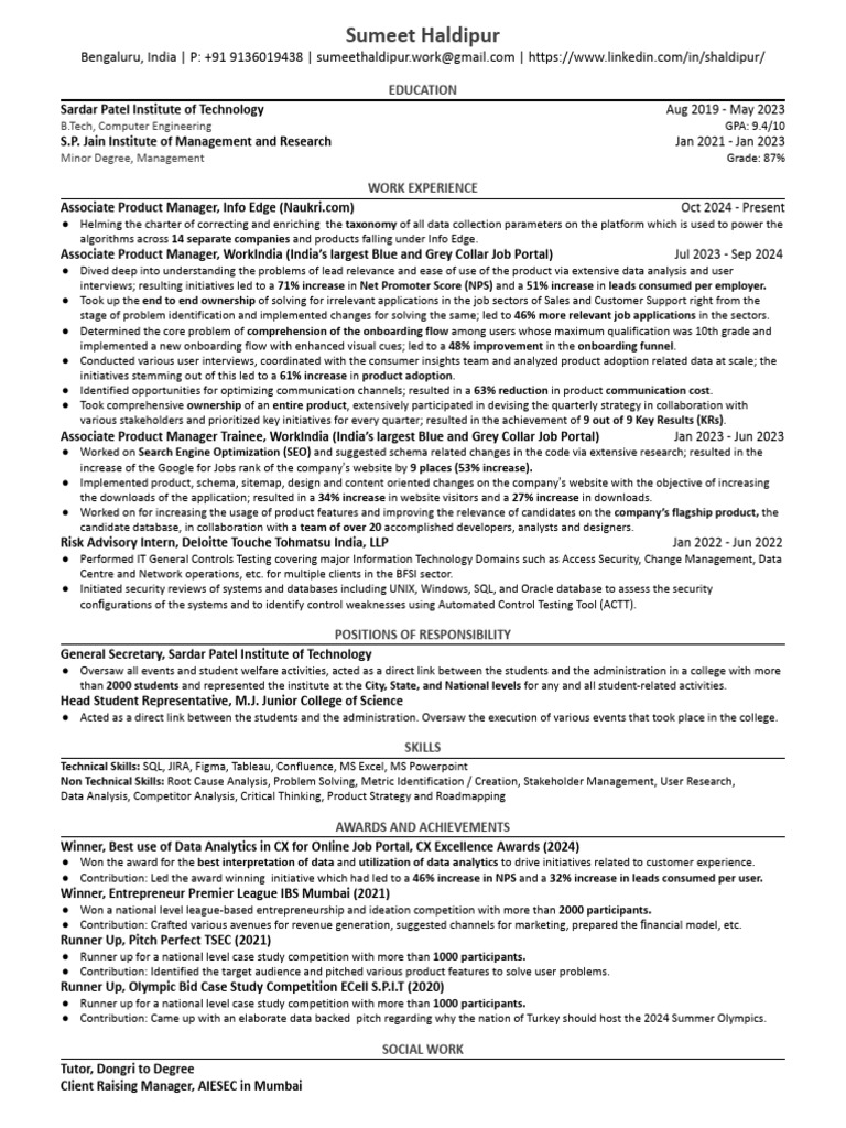 Sumeet Haldipur Resume Sumeet Haldipur | PDF | Databases | Computing