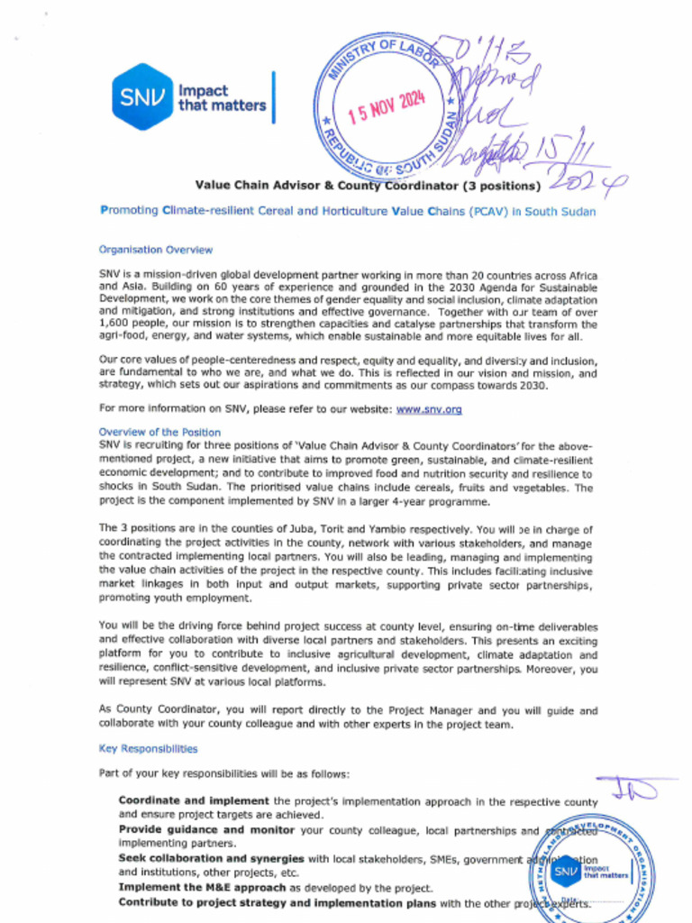 SNV - PCAV Value Chain Advisor and County Coordinator (3) - JD - FINAL | PDF
