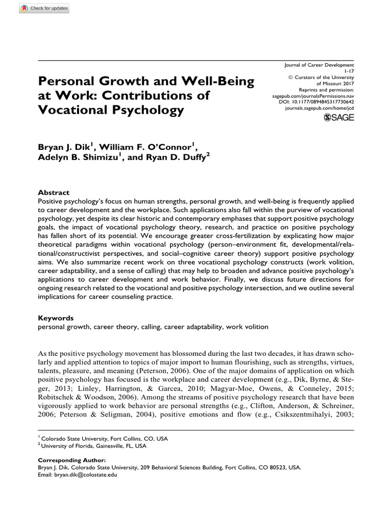 Vocational Psychology And Workplace Well Being Pdf Self Efficacy