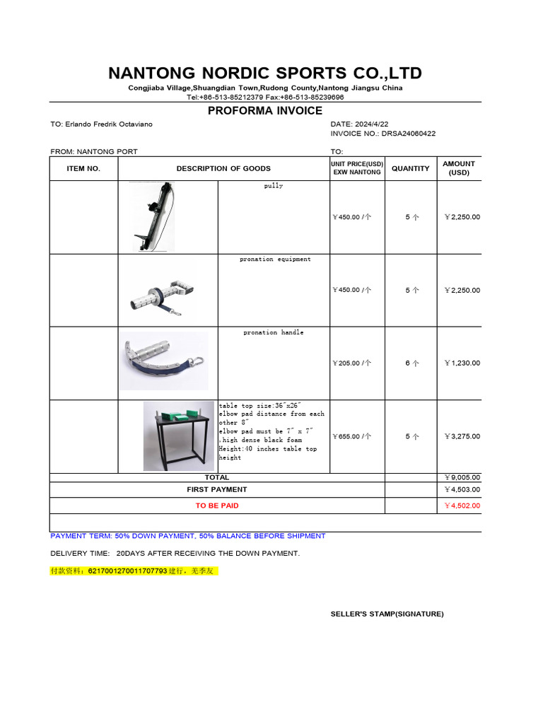 Nantong Nordic Sports Co.,Ltd: Proforma Invoice | PDF | Accounting