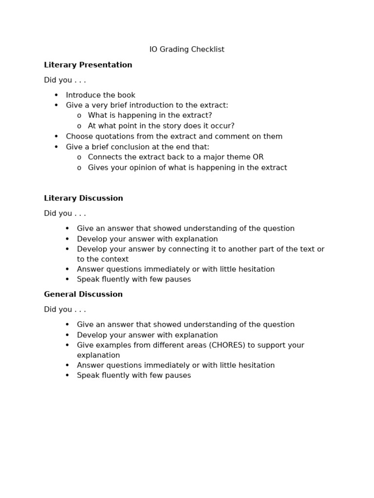 IO Grading Checklist | PDF | Language Arts & Discipline | General Fiction